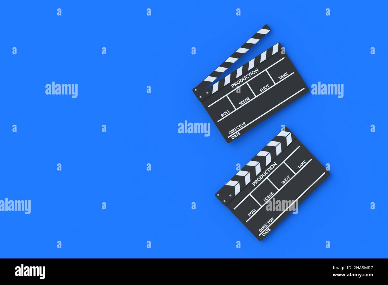 Movie clapper boards on blue background. Filmmaking accessories ...