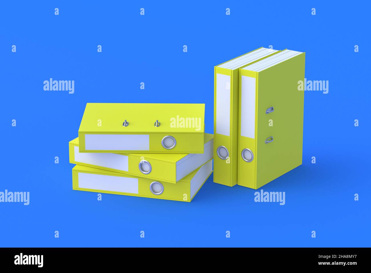 Binder file folders of yellow color on blue background. 3d render Stock ...