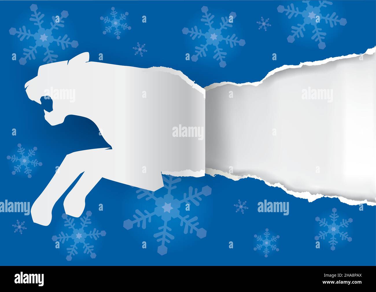 Paper Tiger silhouette ripping paper background with snowflakes ...