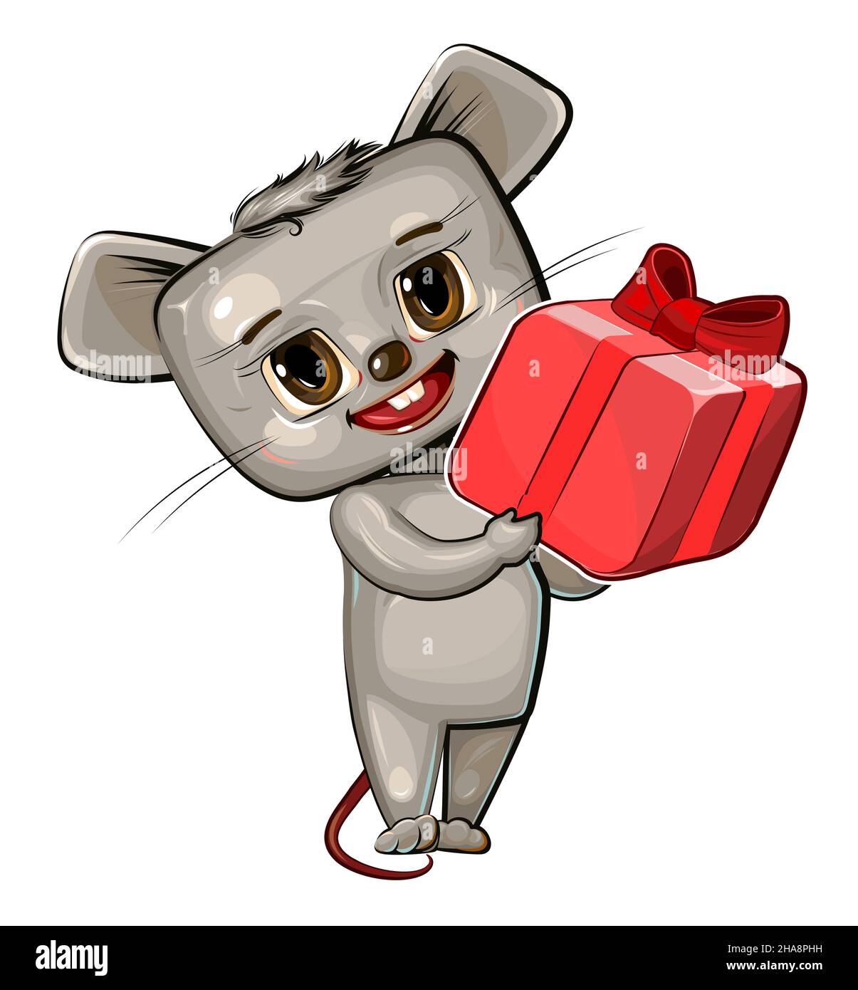 Baby Mouse carries a gift to a friend. Red box with ribbon and bow ...