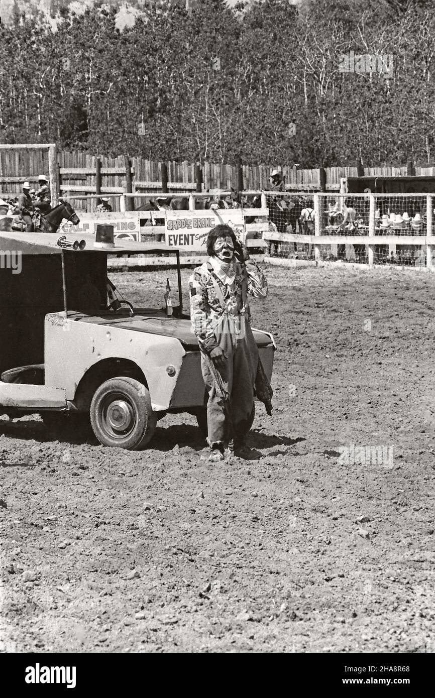 Rodeo clown and clown car at the Crowsnest Pass Rodeo. Alberta Canada ...
