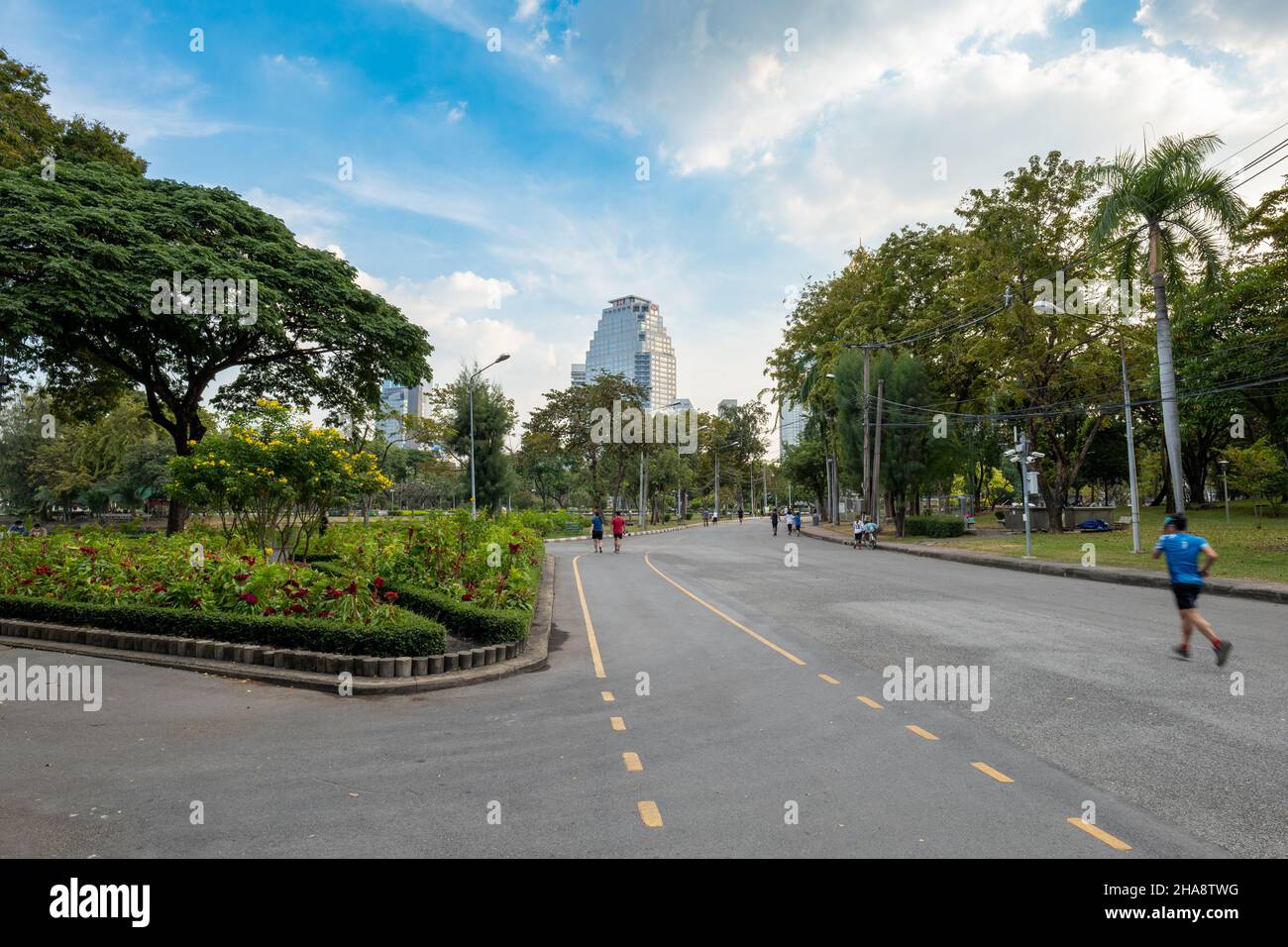 Lumpini park in Bangkok and the skyline of downtown Bangkok central ...