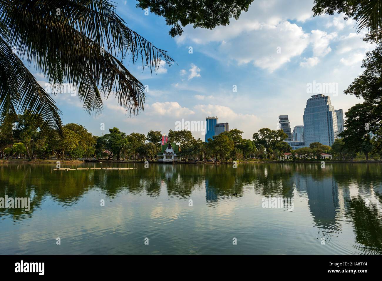 Lumpini park in Bangkok and the skyline of downtown Bangkok central ...