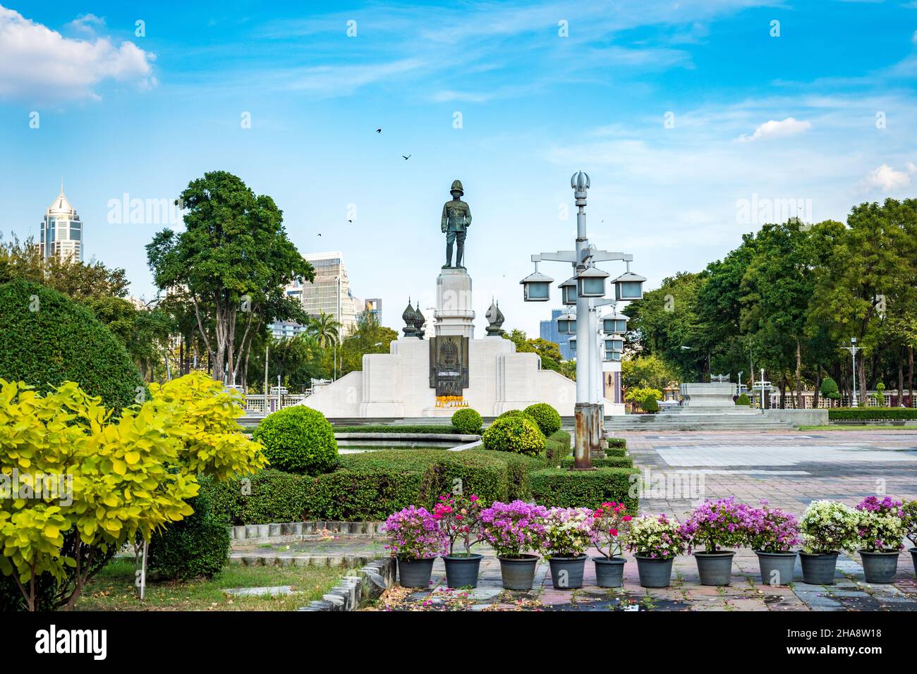 Lumpini park in Bangkok and the skyline of downtown Bangkok central ...