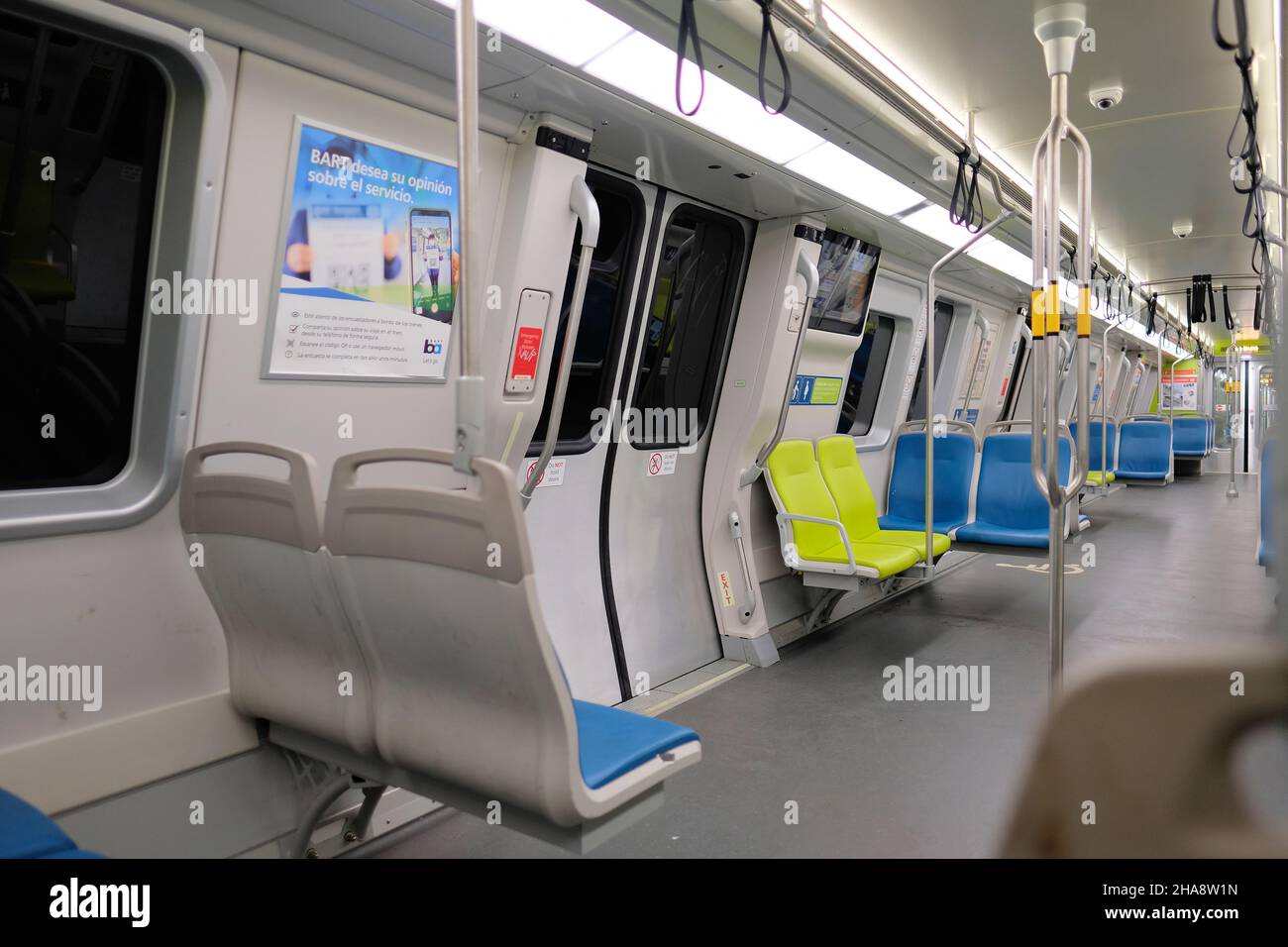 Interior view of empty seating section on the Bay Area Rapid Transit ...
