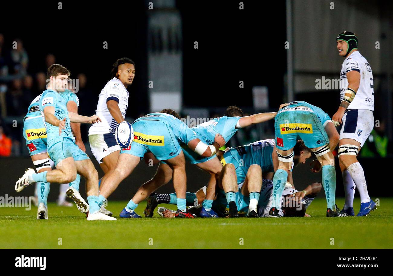 Exeter Chiefs' Jack Maunder kicks the ball out during the Heineken ...