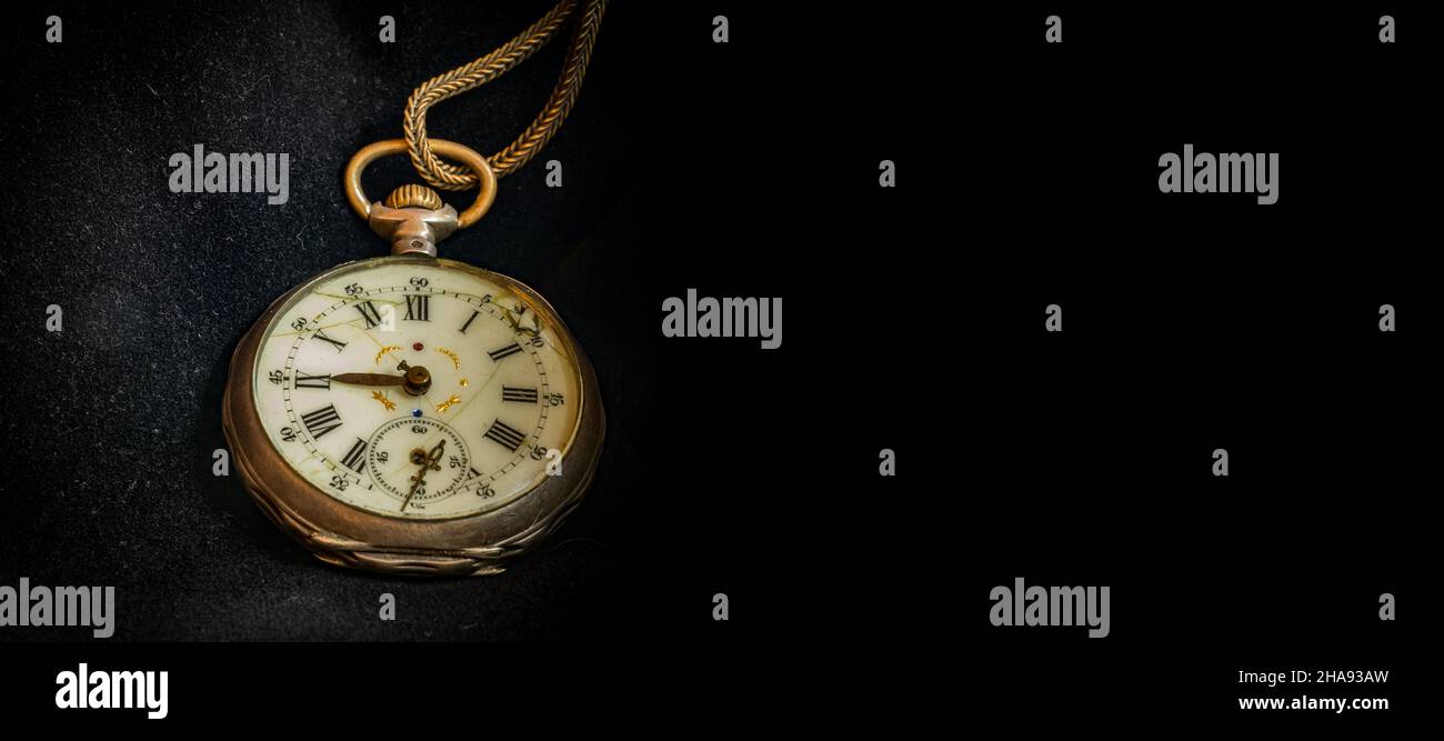 Antique decayed pocket watch on black velvet, banner design Stock Photo ...