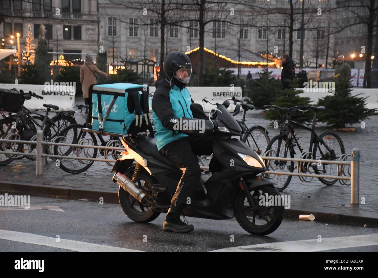 Copenhagen/Denmark./11 December 2021/ Wolt partner food delivery bike ...