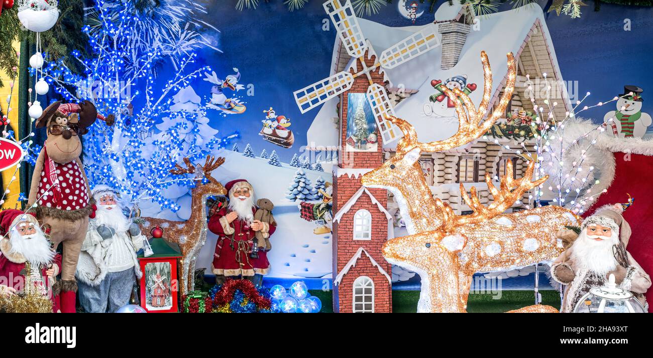 Christmas scene with Santa Claus, reindeer, elves and decorations Stock ...