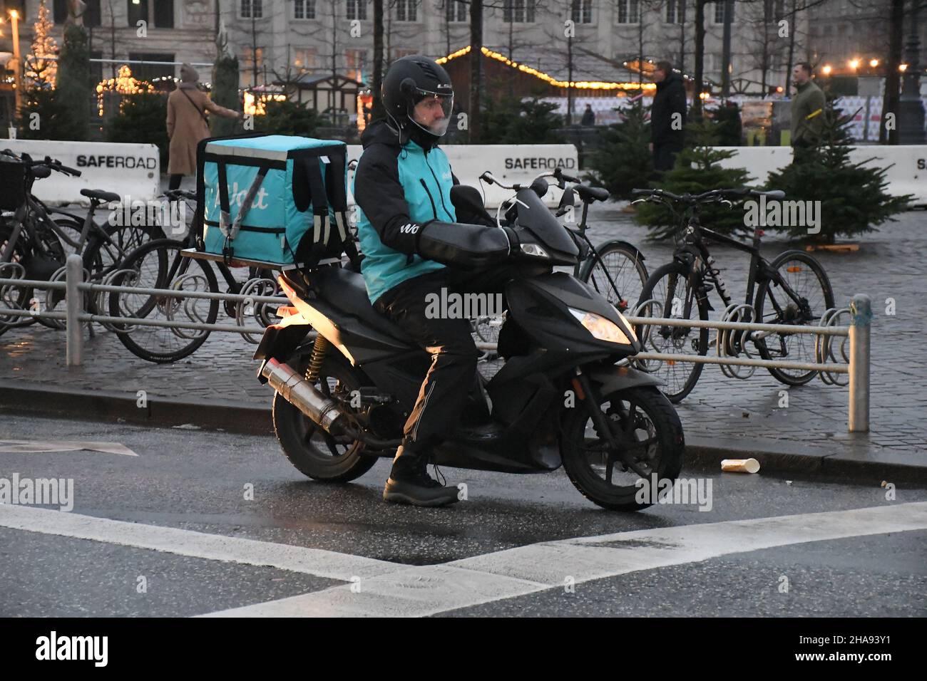 Copenhagen/Denmark./11 December 2021/ Wolt partner food delivery bike ...