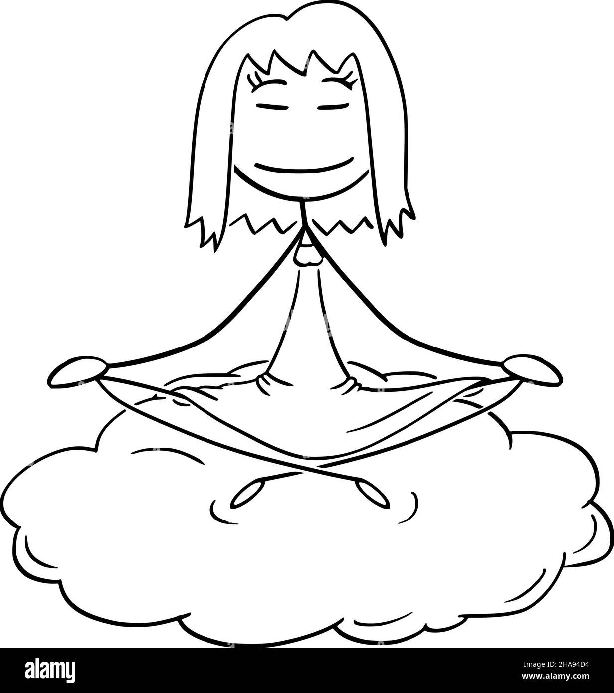 Woman Meditating in Lotus Position on Cloud , Vector Cartoon Stick ...