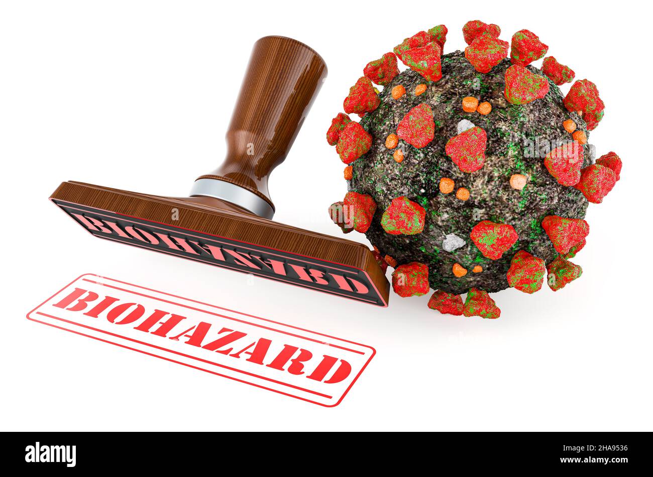 Biohazard stamp. Wooden stamper with virus, 3D rendering isolated on ...