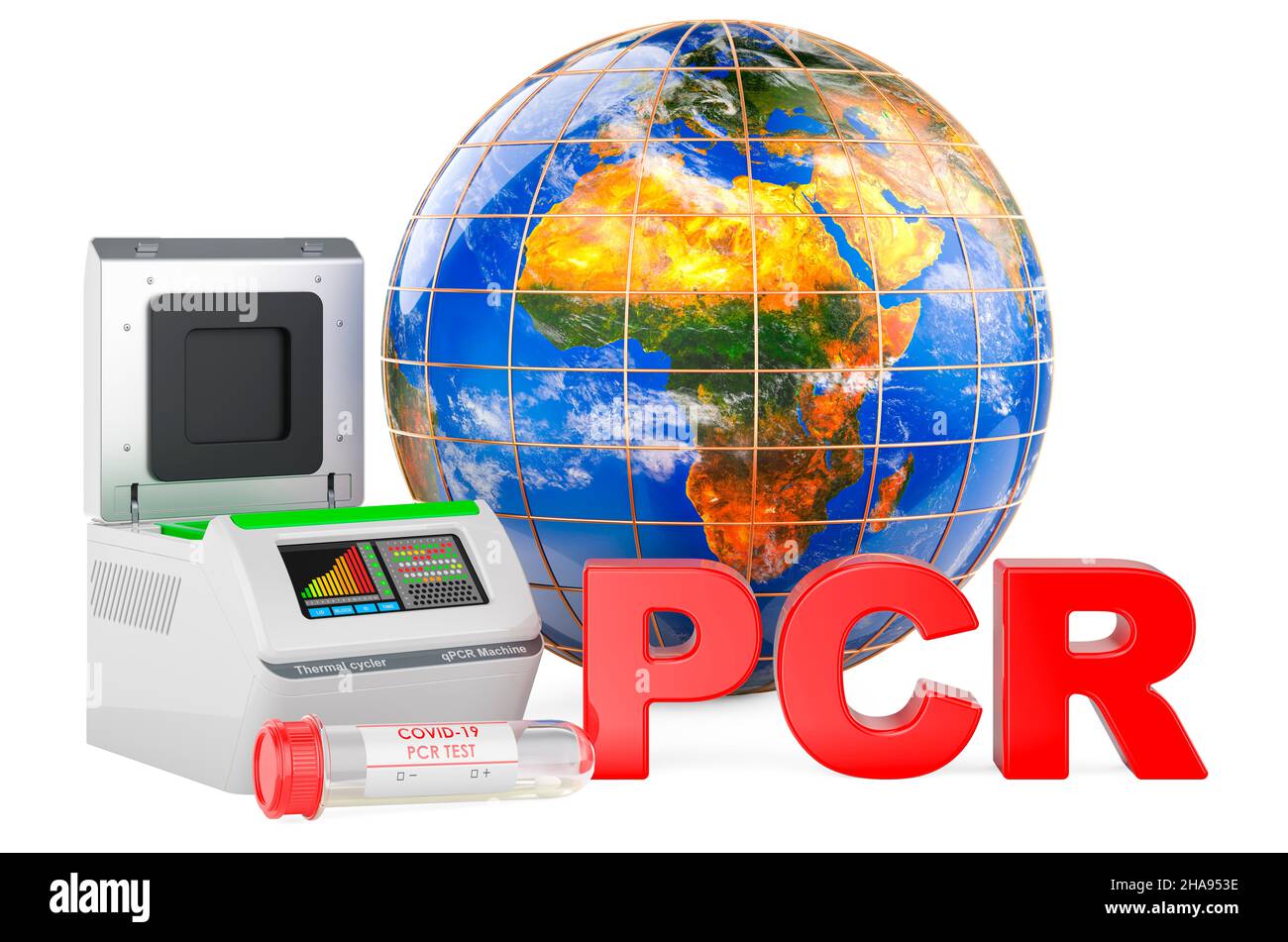PCR test for COVID-19. PCR thermal cycler with Earth Globe, 3D ...