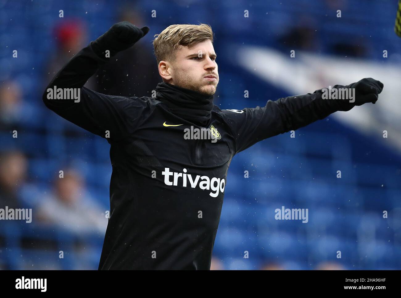 London, England, 11th December 2021. Timo Werner of Chelsea warms up ...
