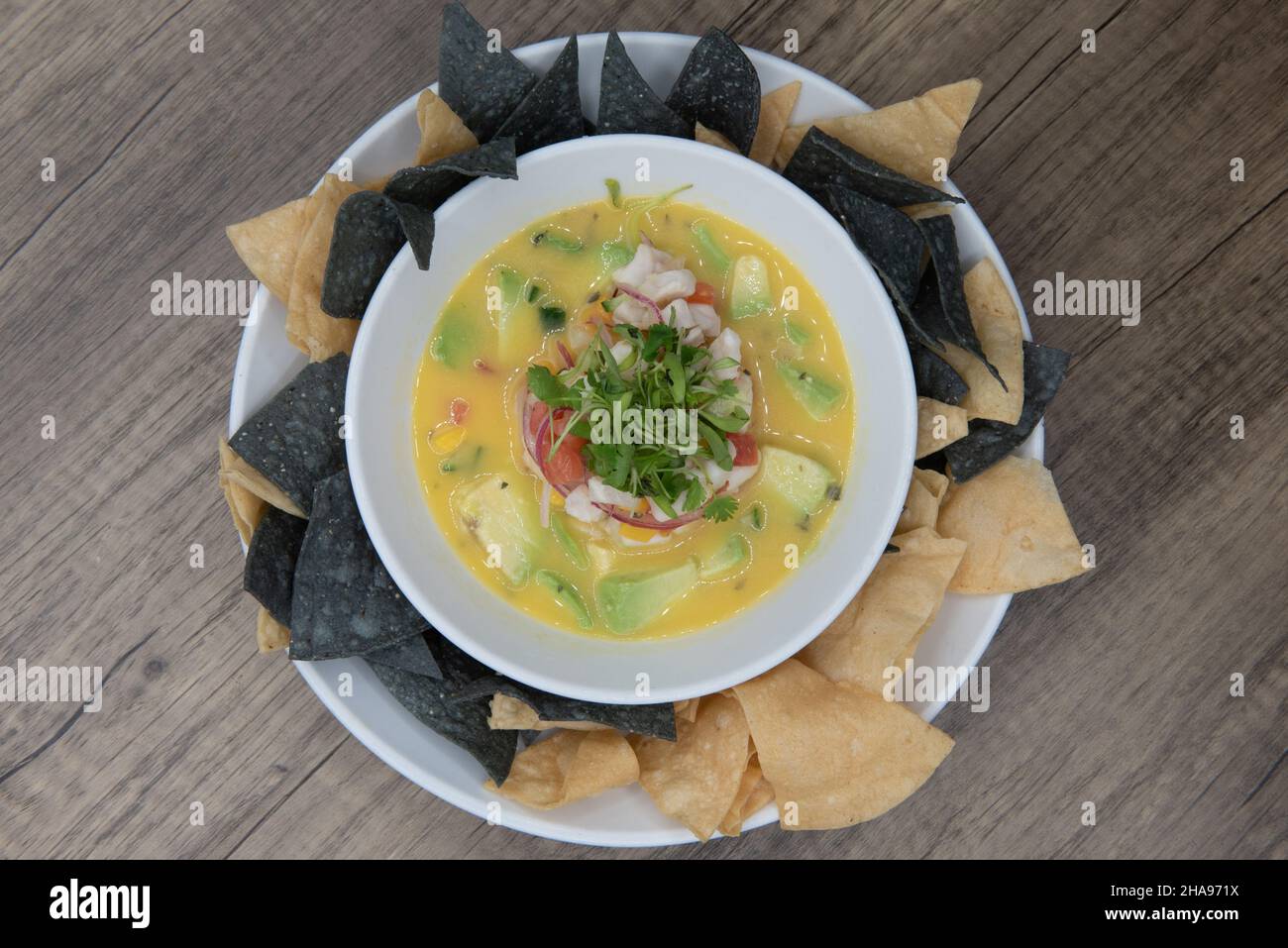Overhead view of artistic presentation of a bowl of ceviche dip ...
