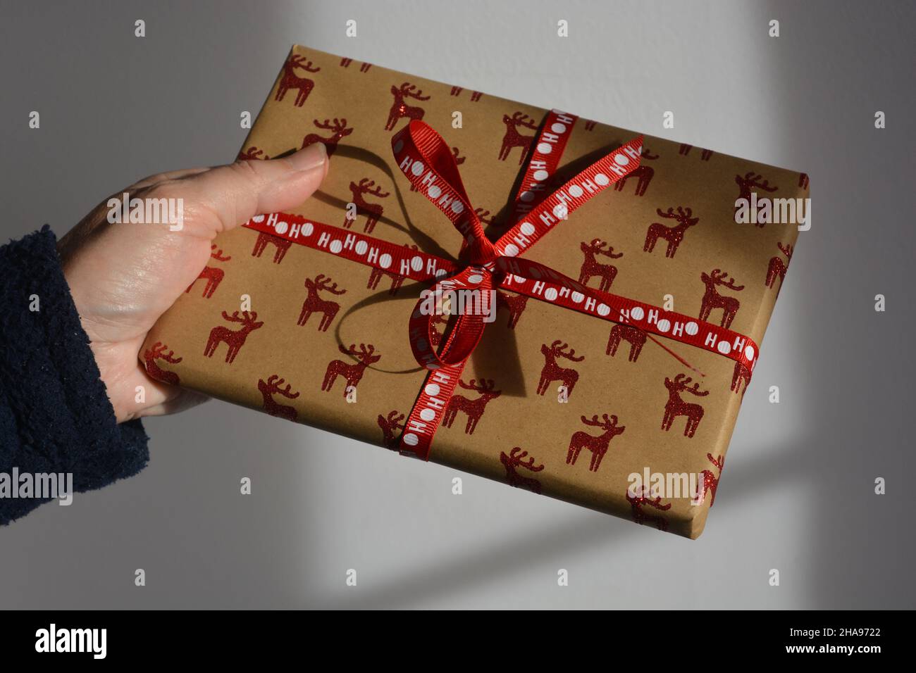 Hand holding beautifully wrapped Christmas gift, tied with a red ribbon ...