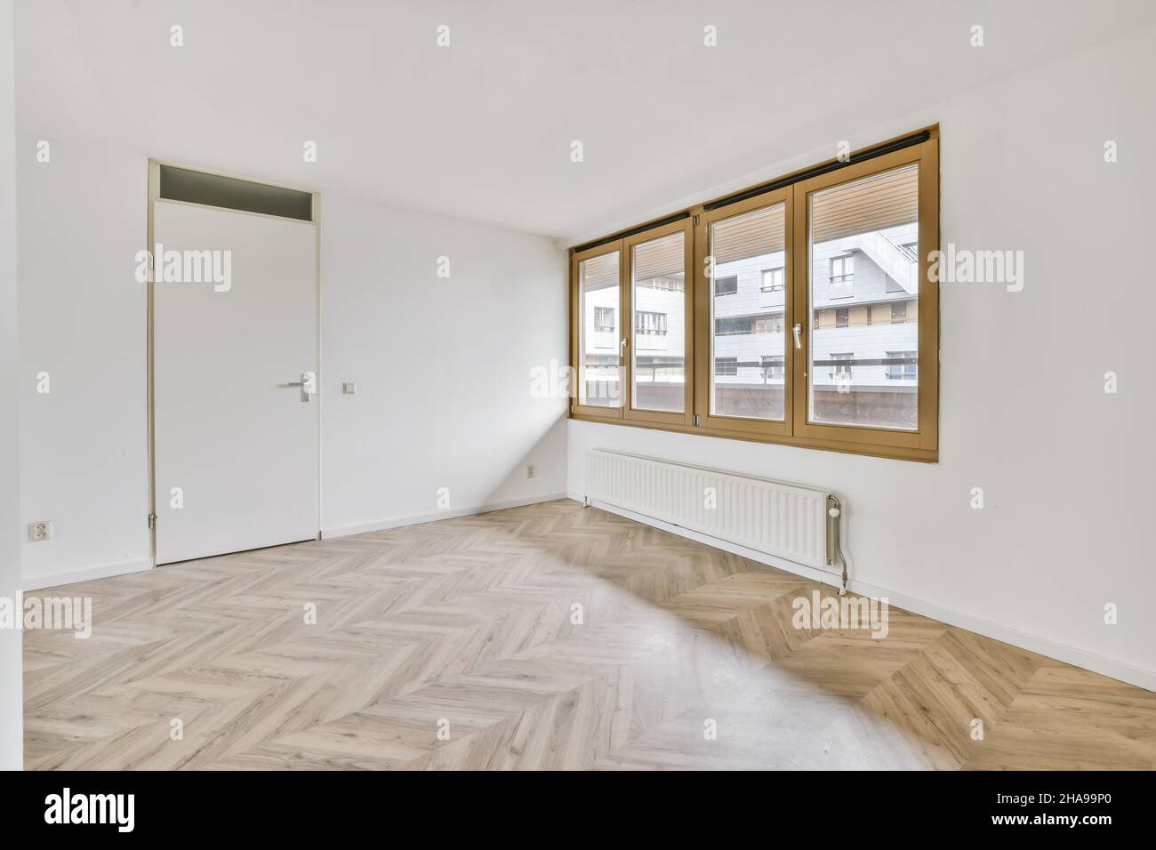 Beautiful bright room with a large wooden window Stock Photo - Alamy