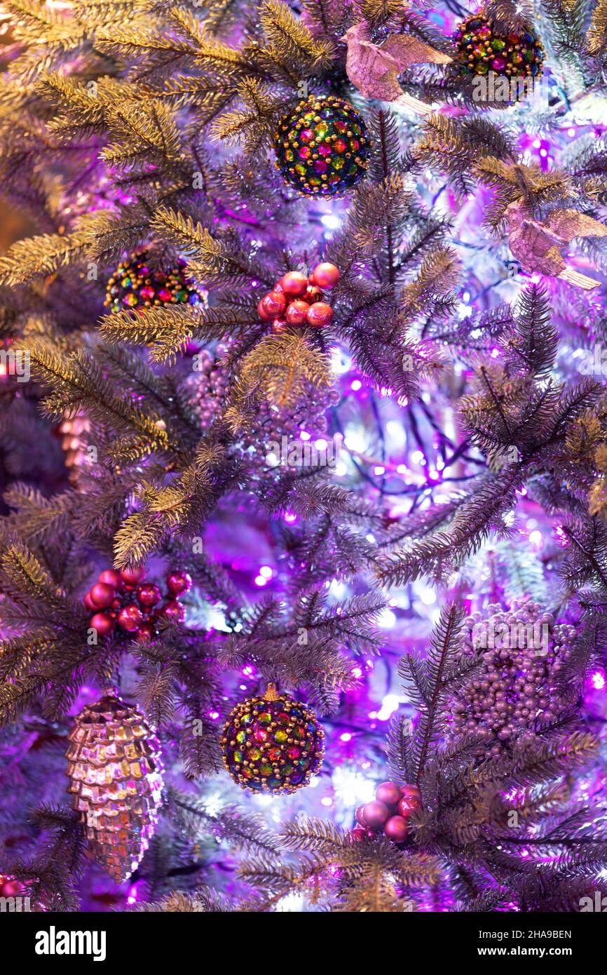 Abstract Christmas background. Christmas tree, decorations and garland ...