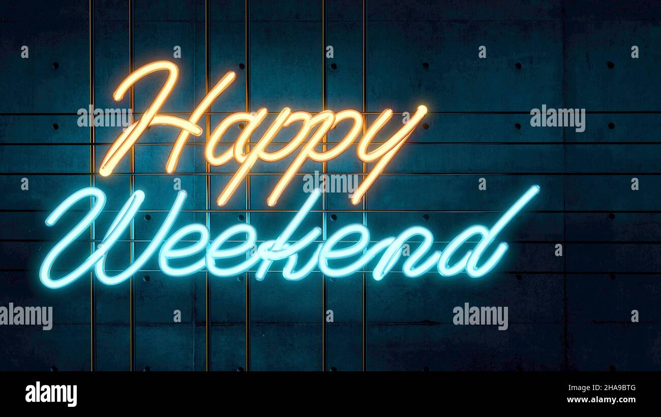 3D rendering of a Happy Weekend neon light sign on the iron bars Stock ...