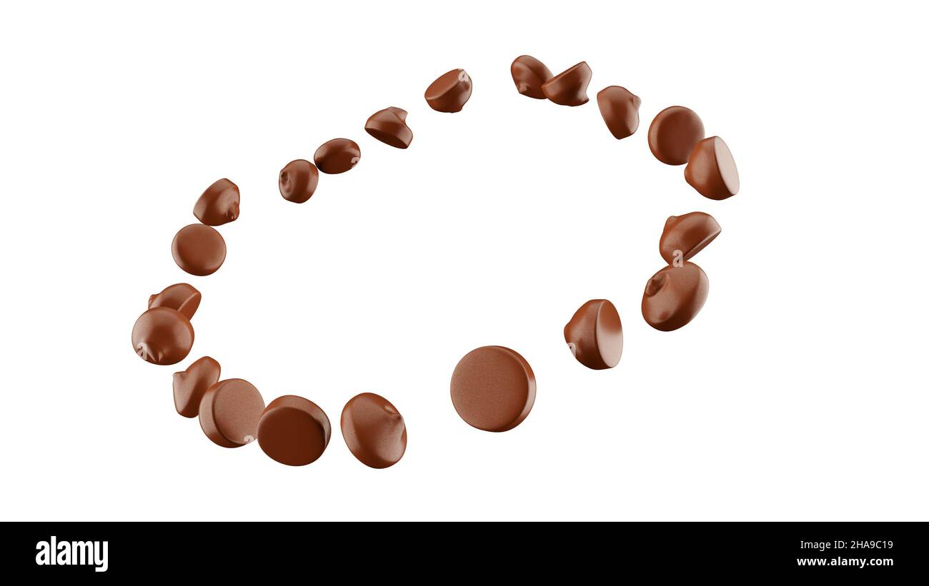 Chocolate chips flying around in the shape of a circle in the white ...