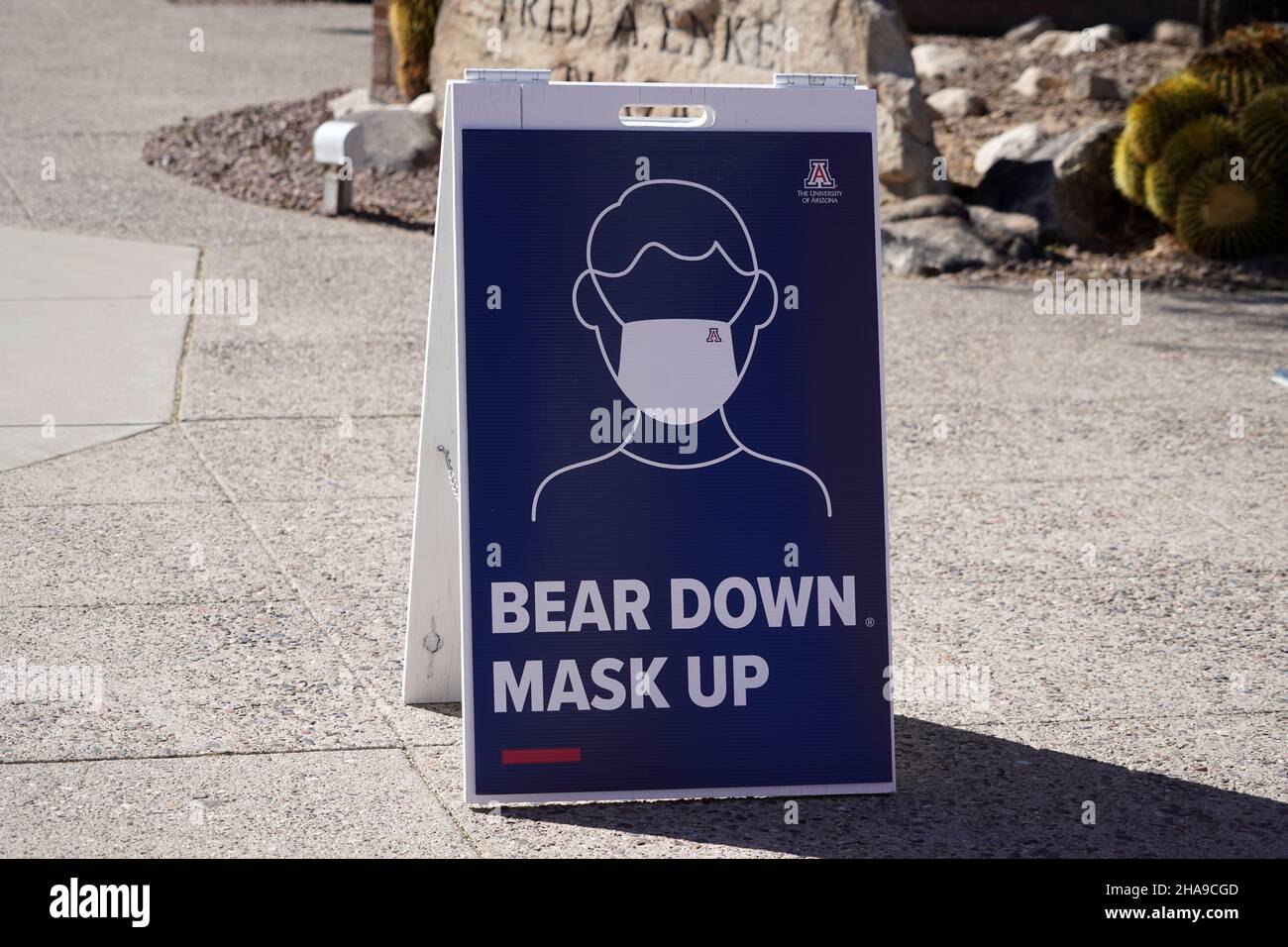 A face mask advisory with the words "Bear Down. Mask Up" is seen amid ...