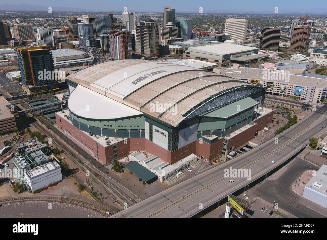 An aerial view of Chase Field and the downtown skyline, Tuesday, March ...