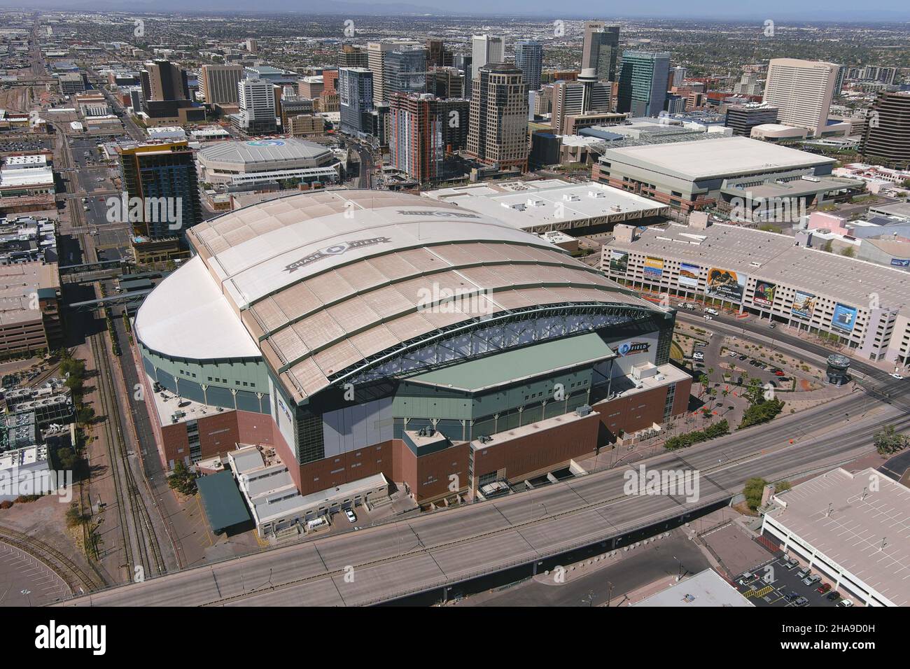 An aerial view of Chase Field and the downtown skyline, Tuesday, March ...