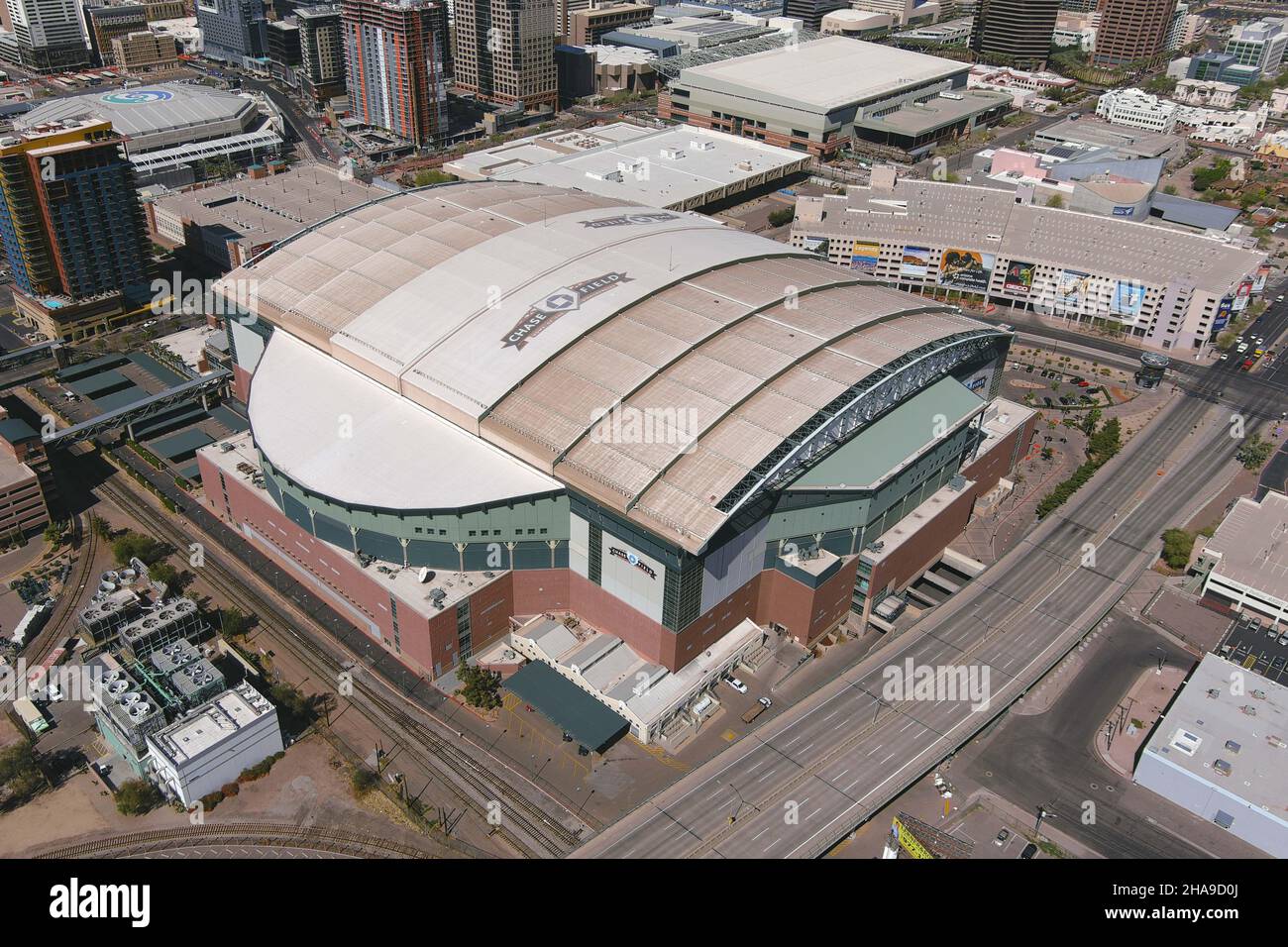 An aerial view of Chase Field, Tuesday, March 2, 2021, in Phoenix. The ...
