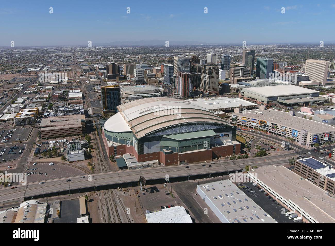 An aerial view of Chase Field and the downtown skyline, Tuesday, March ...