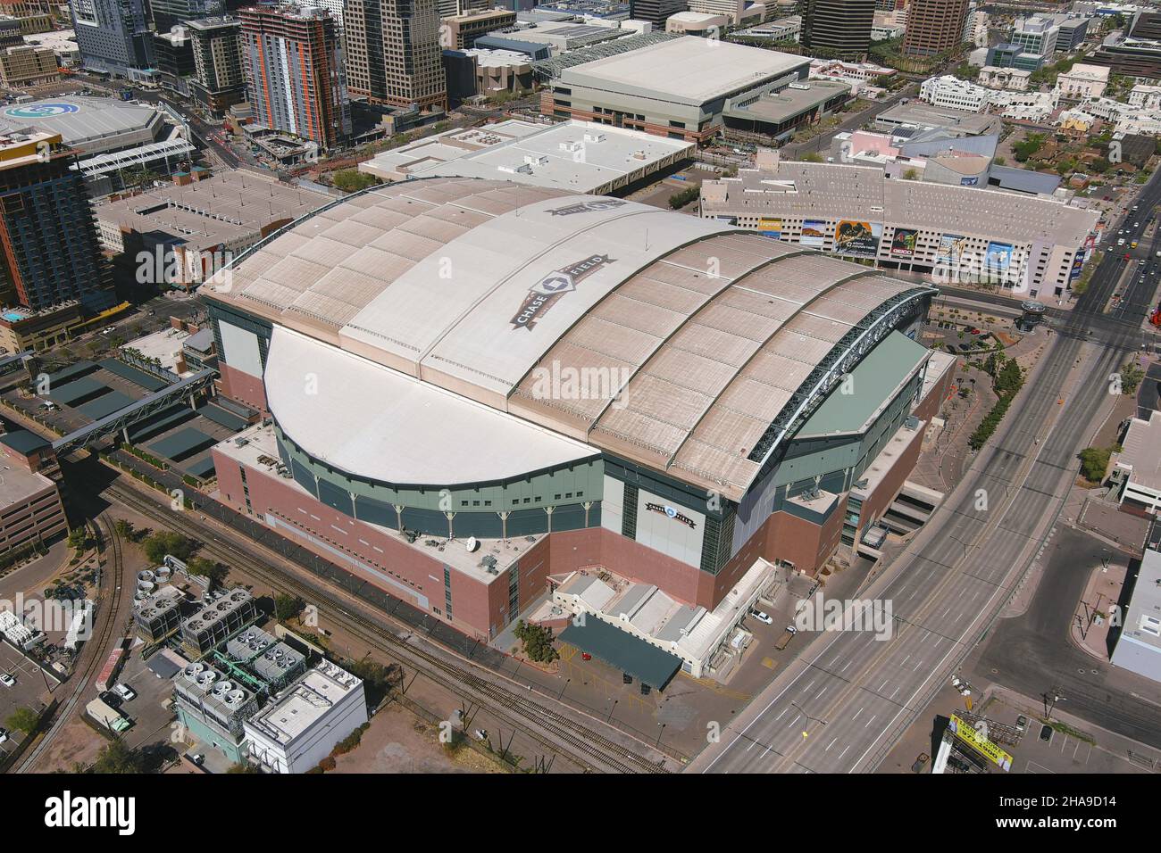 An aerial view of Chase Field, Tuesday, March 2, 2021, in Phoenix. The ...