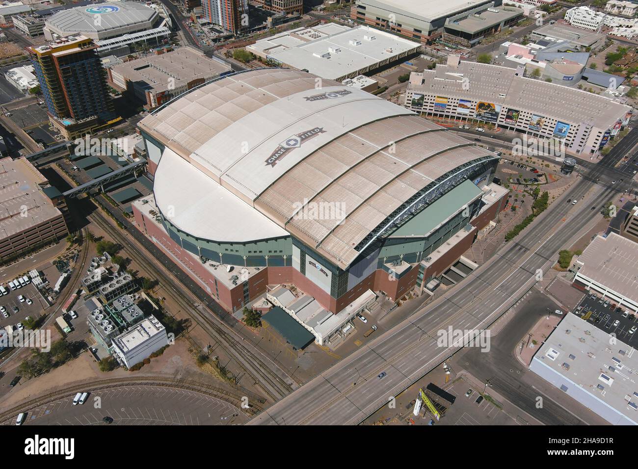 An aerial view of Chase Field, Tuesday, March 2, 2021, in Phoenix. The ...