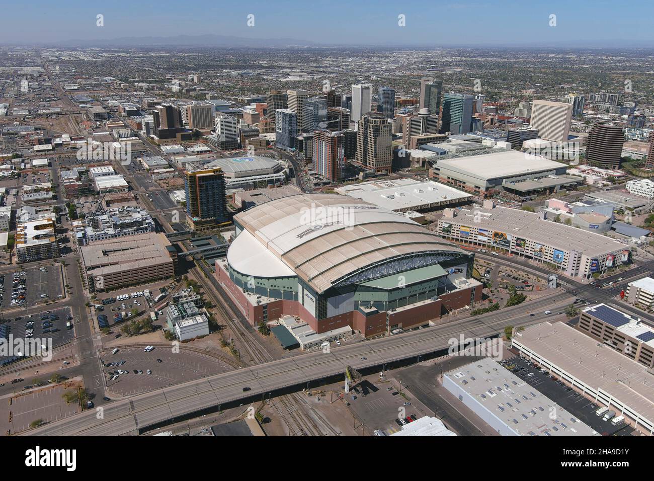 An aerial view of Chase Field and the downtown skyline, Tuesday, March ...