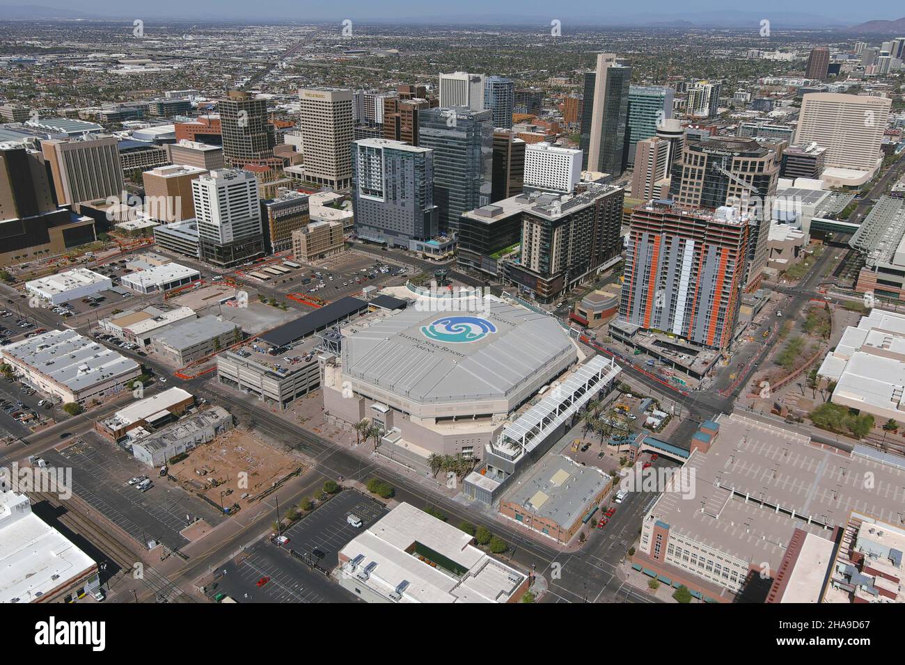 An aerial view of the Footprint Center and downtown skyline, Tuesday ...
