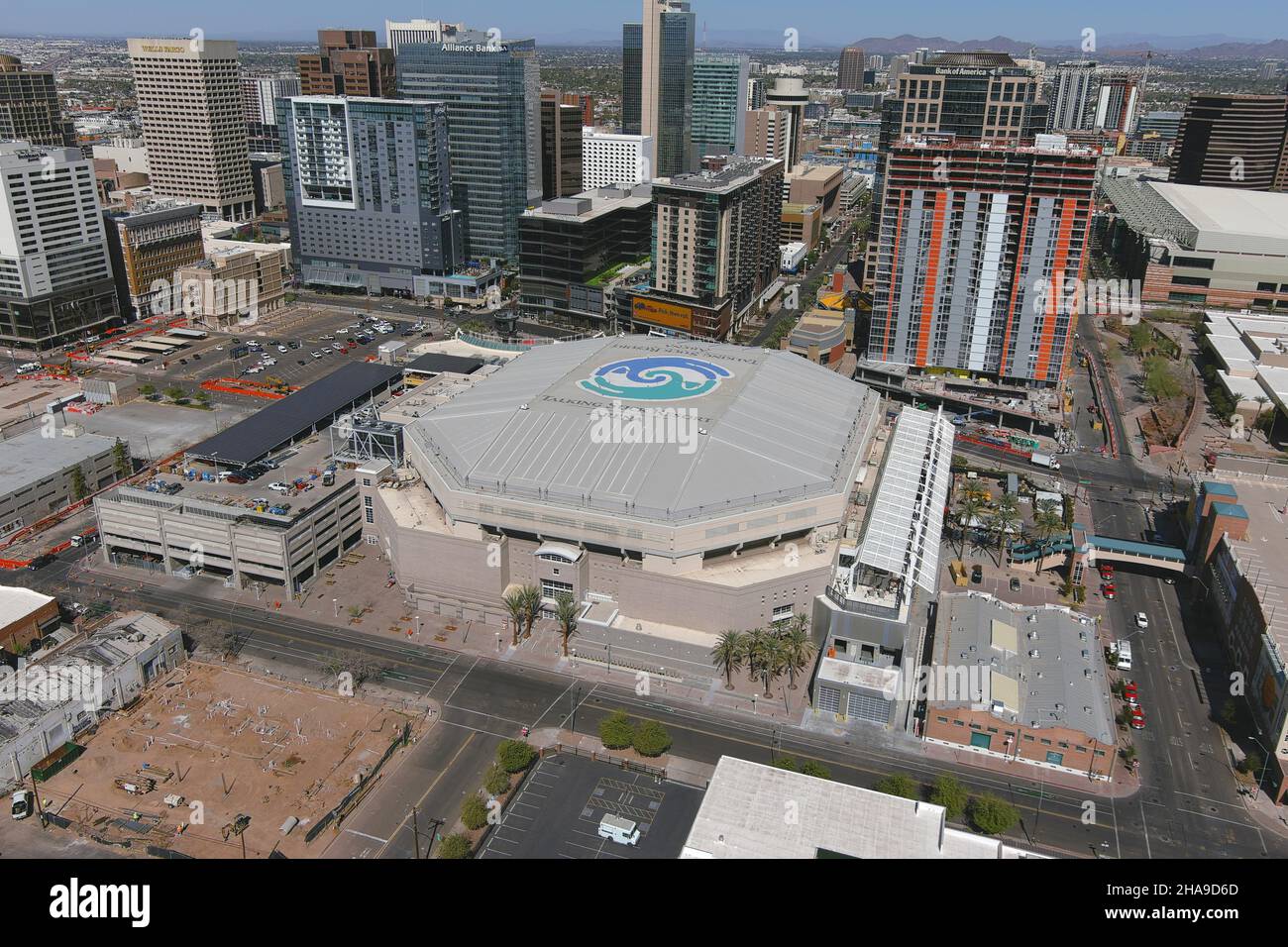 An aerial view of the Footprint Center and downtown skyline, Tuesday ...