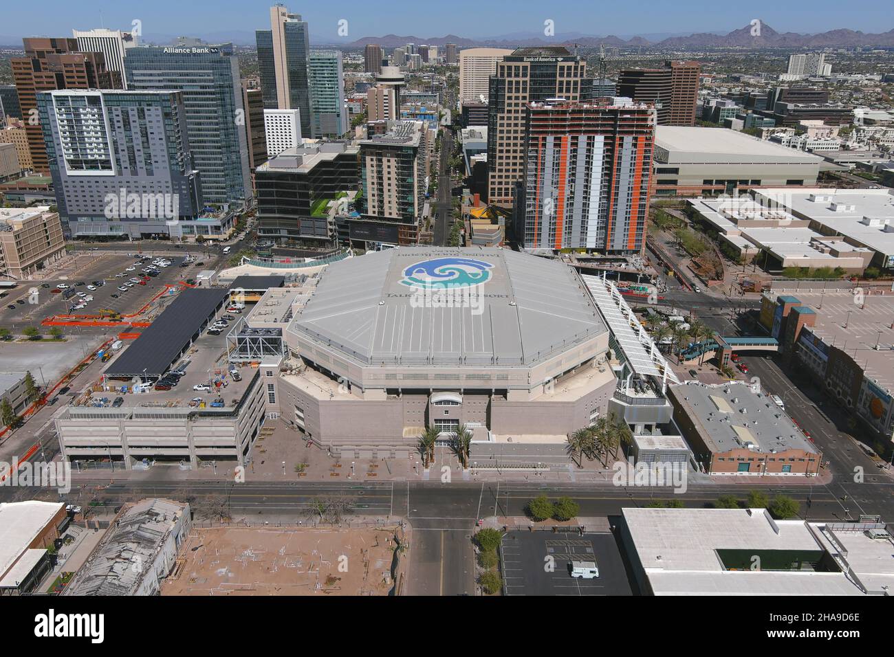 An aerial view of the Footprint Center and downtown skyline, Tuesday ...
