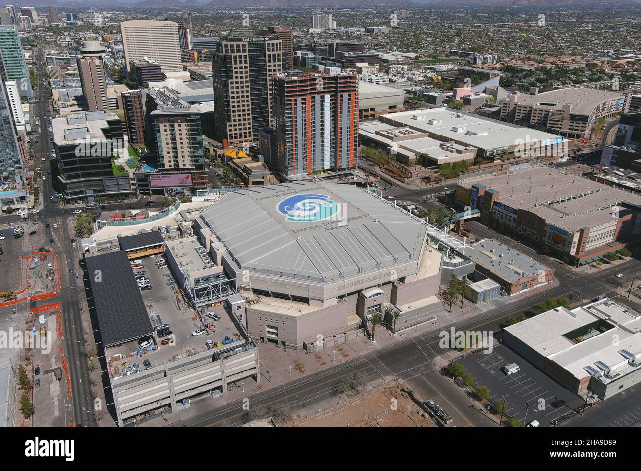 An aerial view of the Footprint Center and downtown skyline, Tuesday ...