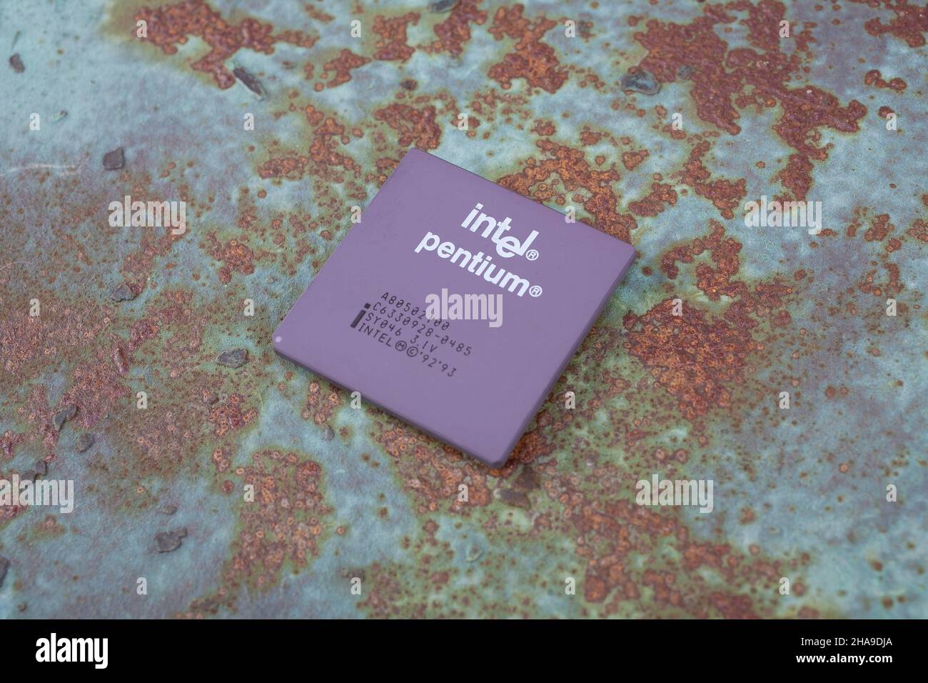 KYIV, UKRAINE - April 22, 2020. Intel Pentium processor on rusty metal ...