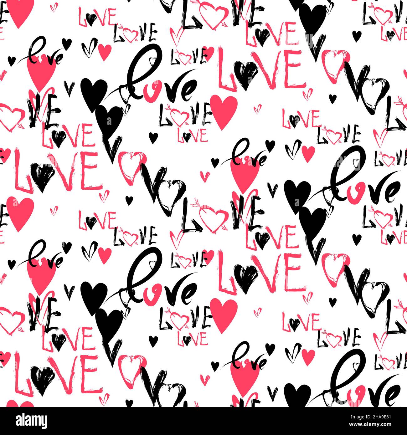 Grunge vector seamless pattern with hand painted hearts and words love ...
