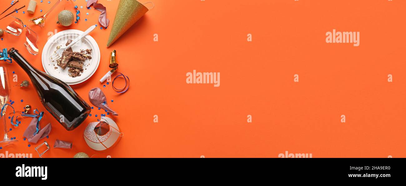 Composition of after party mess on color background with space for text ...