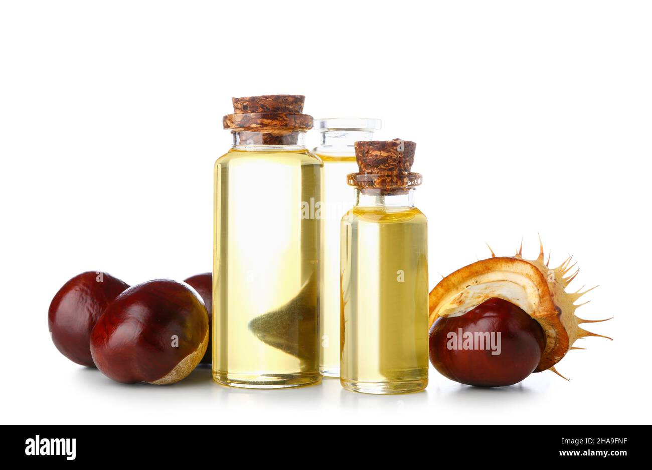 Bottles of chestnut essential oil isolated on white background Stock ...