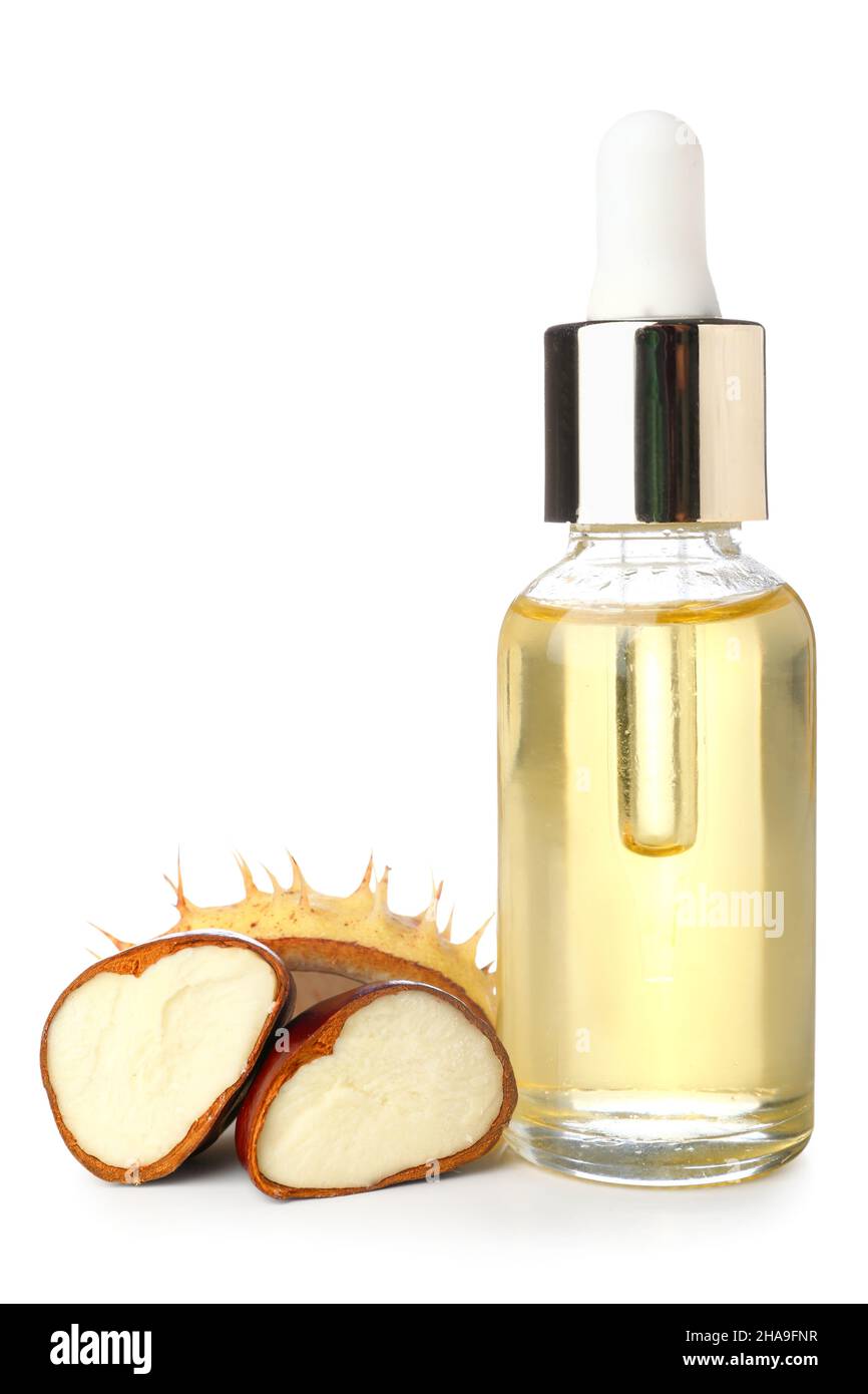Bottle of chestnut essential oil on white background Stock Photo - Alamy