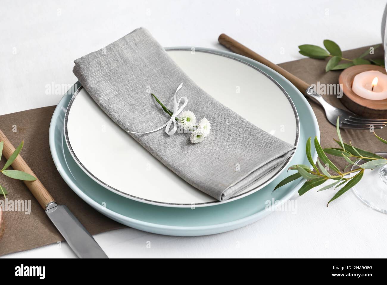 Beautiful table setting for wedding celebration on white background ...