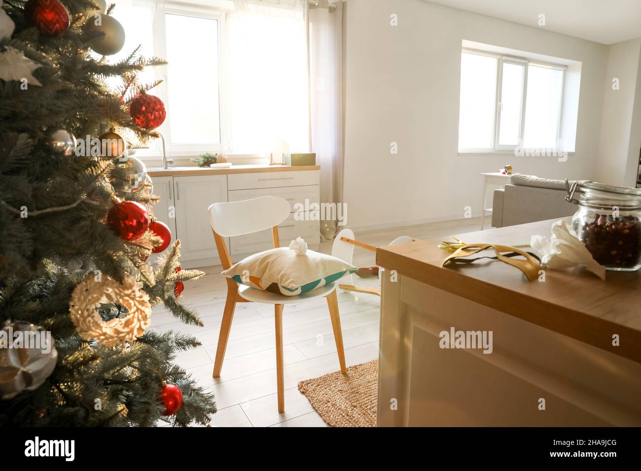 Interior of messy room after Christmas party Stock Photo - Alamy