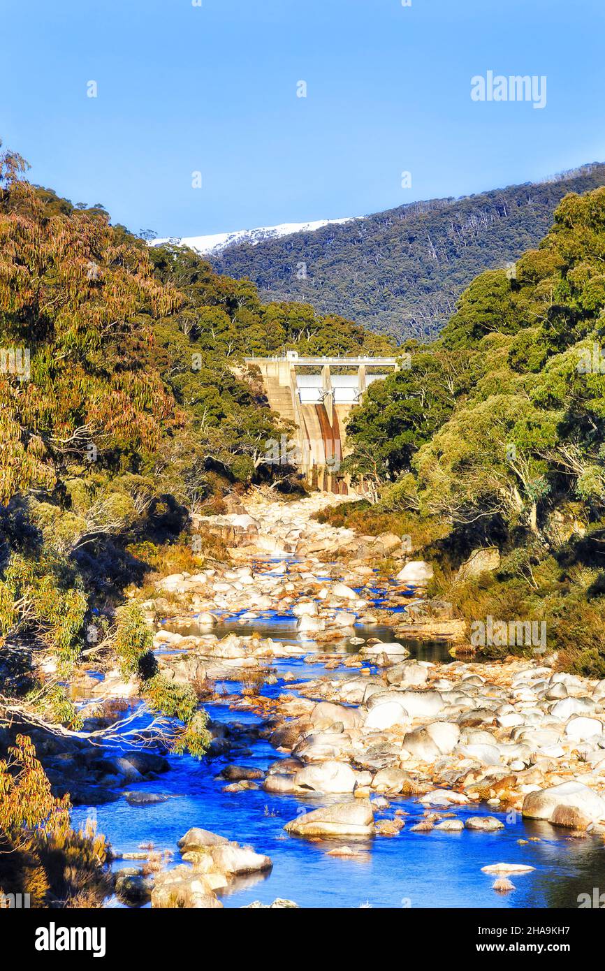 Green energy hydro dam on Snowy River in Snowy Mountains of Australia ...