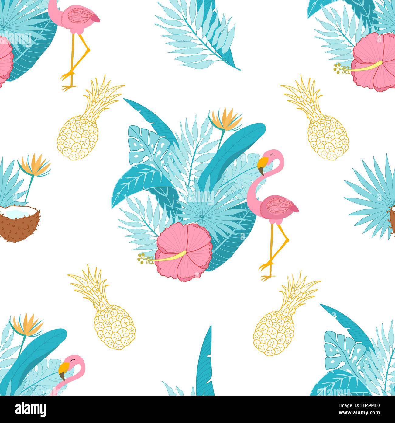 Vector seamless pattern with flamingos, tropical leaves, coconut and ...