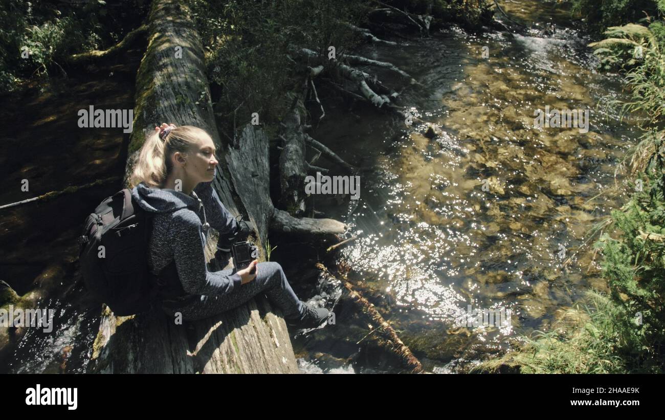 Traveler photographing scenic view in forest river. Wood bridge fallen ...
