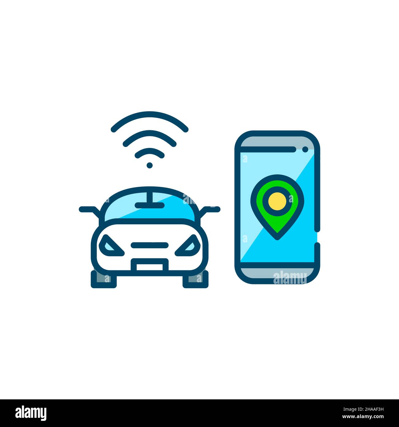 Smart self-driving car icon. Smartphone with map pointer and car with ...