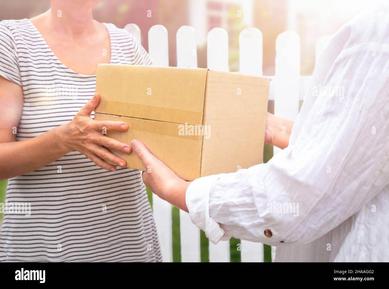 Woman courier handing the parcel to senior woman in front of the house ...