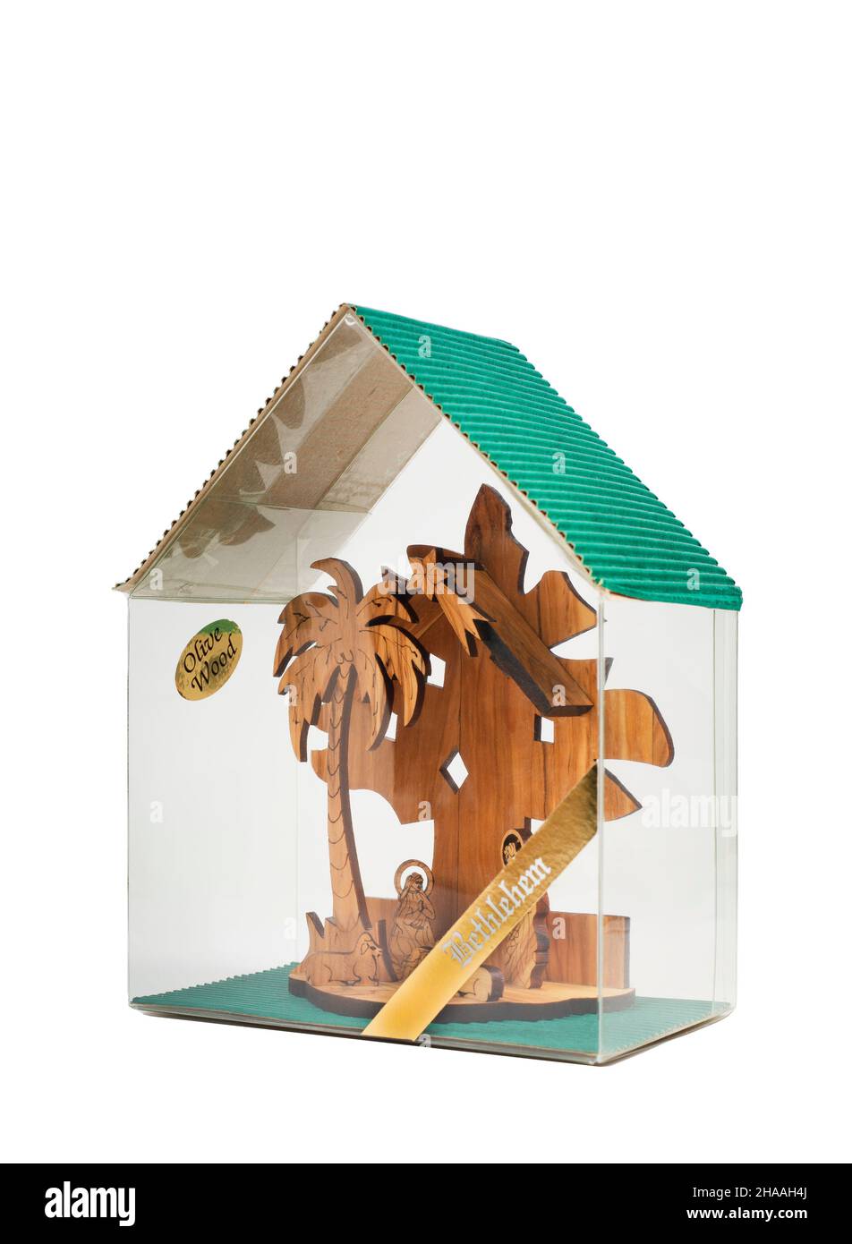 Carved wooden Nativity scene with Jesus in box isolated on white ...