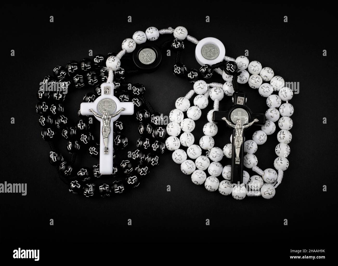 Traditional christian holy religious black and white rosary isolated on ...